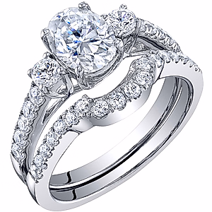 PEORA Moissanite Oval Cut Engagement Ring and Wedding Band Bridal Set in Sterling Silver, 1.50 Carat Center, DE Color, VVS Clarity, Size 4