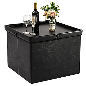 UHSTORAGE Large Square Storage Ottoman Coffee Table with Tray, Faux Leather Storage Ottoman for Living Room Comfortable Footstool with Resilient Sponge Padded Seat, Black