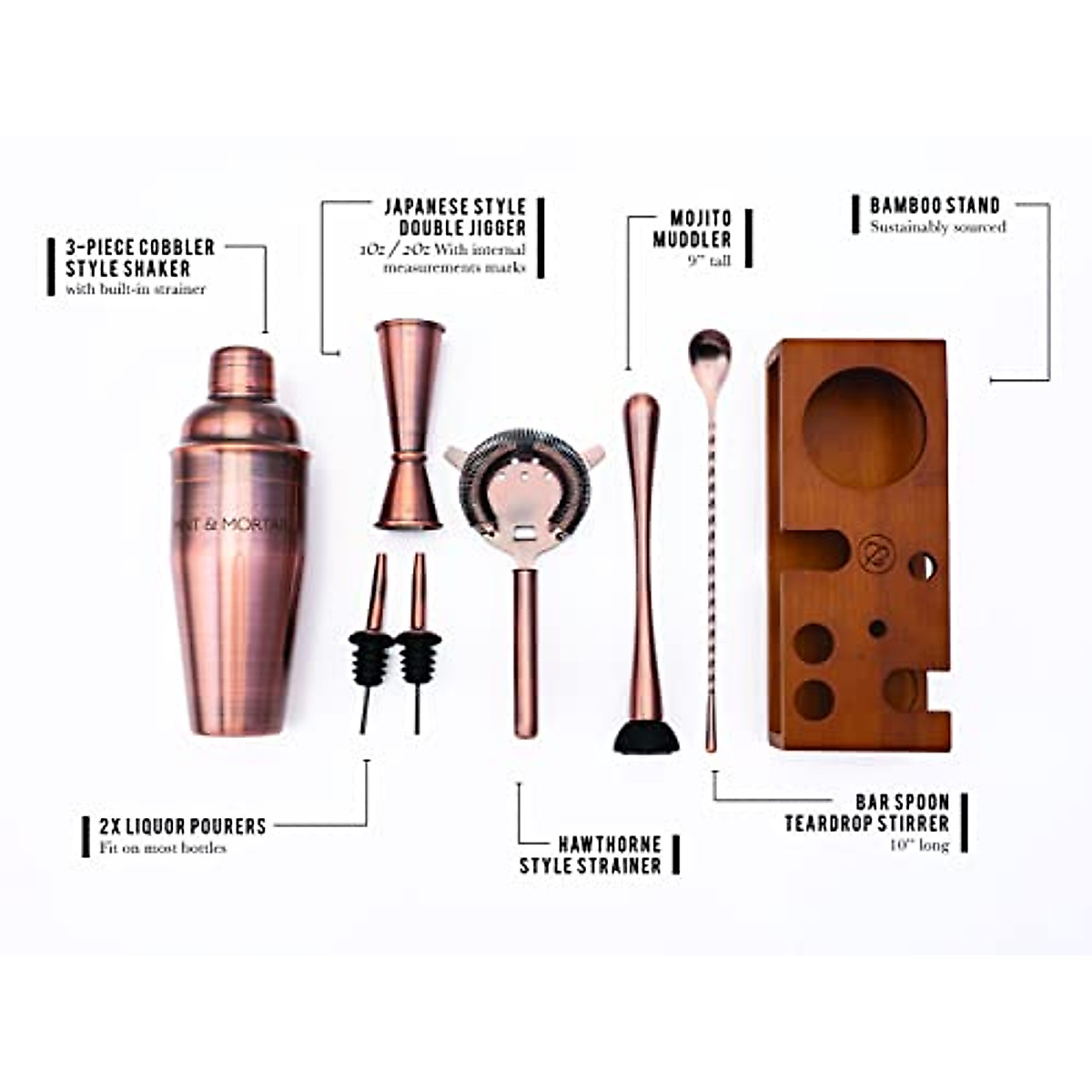 Mint & Mortar Cocktail Shaker Set, 7-Piece Bartender Kit with Stand, 24oz Martini Shaker Bottle Stainless Steel Bar Tools, Home Bar Accessories Drink Mixer, Barware Gift Set - Brushed Copper