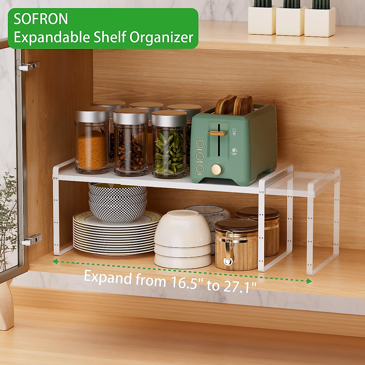 SOFRON Expandable Cabinet Storage Shelf Stackable Organizer Rack for Kitchen Bathroom Pantry Spice Cupboard Countertop Home Office Desk Heavy Duty Nonslip White Small 1 Pack