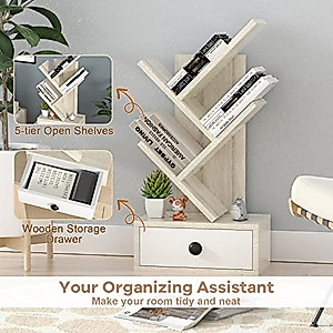 Tangkula 5 Tier Tree Bookshelf with Drawer, Rustic 5 Shelf Space Saving Corner Bookcase, Retro Wooden Utility Organizer Shelves for Books/CDs/Movies, Open Display Shelf for Home Office (Beige, 5 Tier)