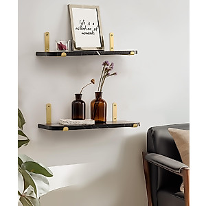 Afuly Black Floating Shelves for Wall, Gold Shelf for Home Decor, 16 inch Wall Mounted Shelves for Living Room Bedroom Bathroom, Modern Luxury Storage Display Marble Shelf