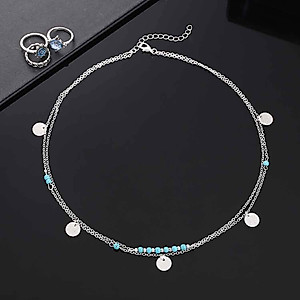 Tgirls Boho Turquoise Necklace Silver Sequin Pendant Necklace Layered Beaded Necklaces Chain Western Necklace Jewelry for Women and Girls