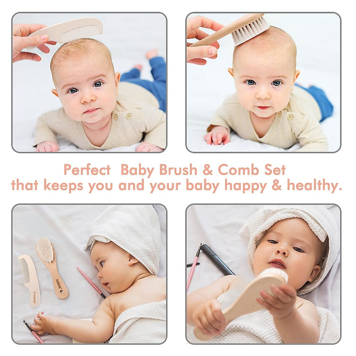 haakaa Baby Hair Brush and Comb Set - Baby Brush with Soft Wool Bristles for Cradle Cap - Wooden Comb Scalp Grooming Massager for Infant,Newborn & Toddler,Baby Showe Gift, 2PK