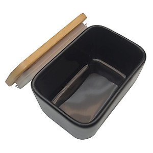 Arswin Butter Dish with Lid, Porcelain Keeper with Wood Lid Cover for Butter, Microwave Safe Easy Clean Butter Storage Container for Countertop and Refrigerator (Black 10oz)