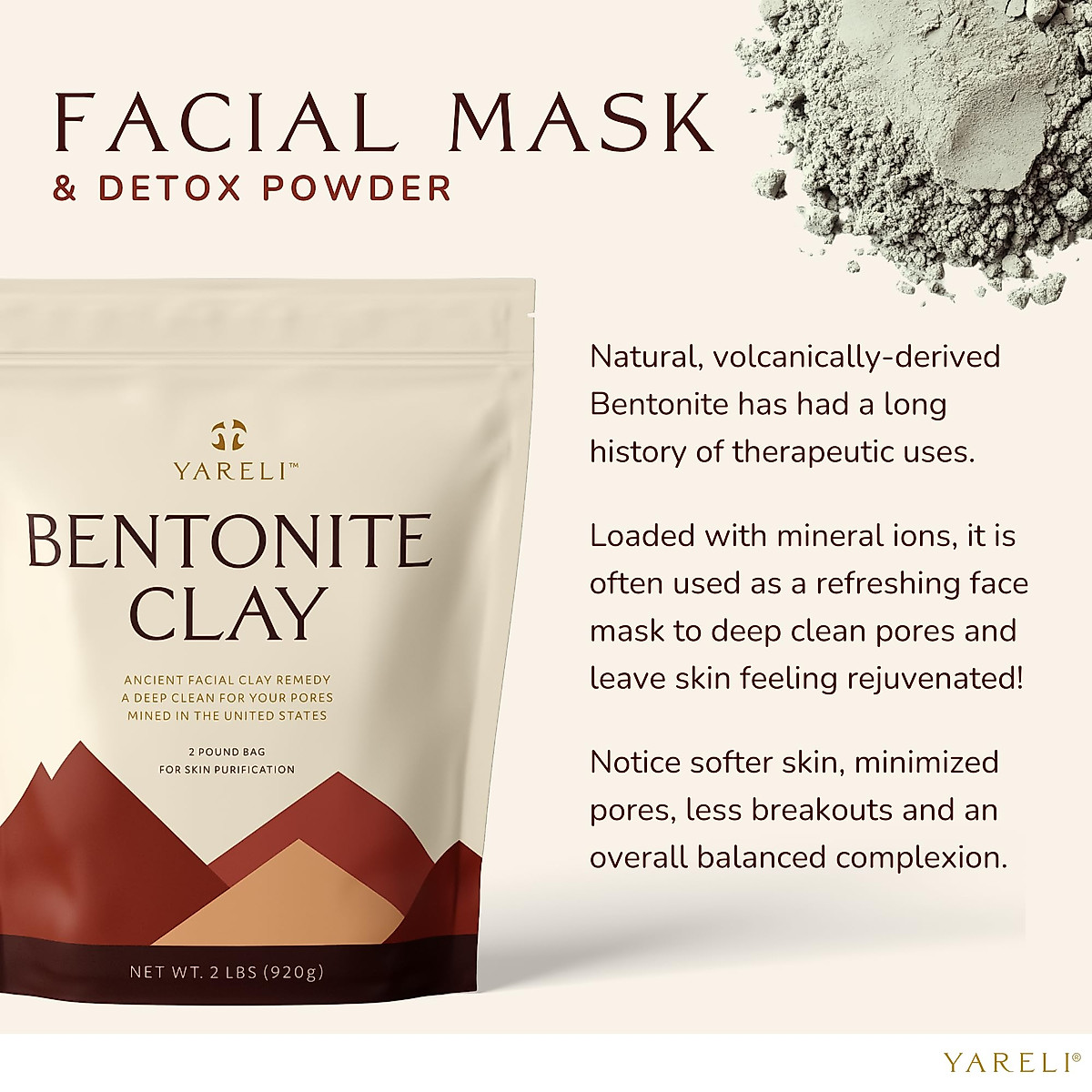 YARELI Bentonite Clay Powder Facial Mask & Detox Bath, Pure Indian Healing Clay, 2lb (32oz)