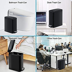 H+LUX Slim Small Bathroom Trash Can with Lid Soft Close,Black Small Trash can for Bathroom Bedroom Office with Removable Inner Wastebasket, Rectangular Foot Pedal Trash Bin, 5L/1.3Gal