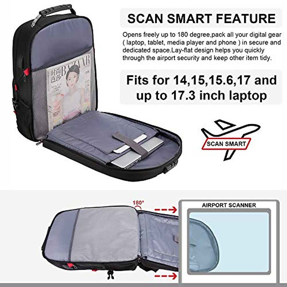 LOVEVOOK Travel Laptop Backpack Waterproof Anti Theft Backpack with Lock and USB Large 17 inch Computer Travel Backpack with 3 Packing Cubes for Men Women(17 inch,Black)