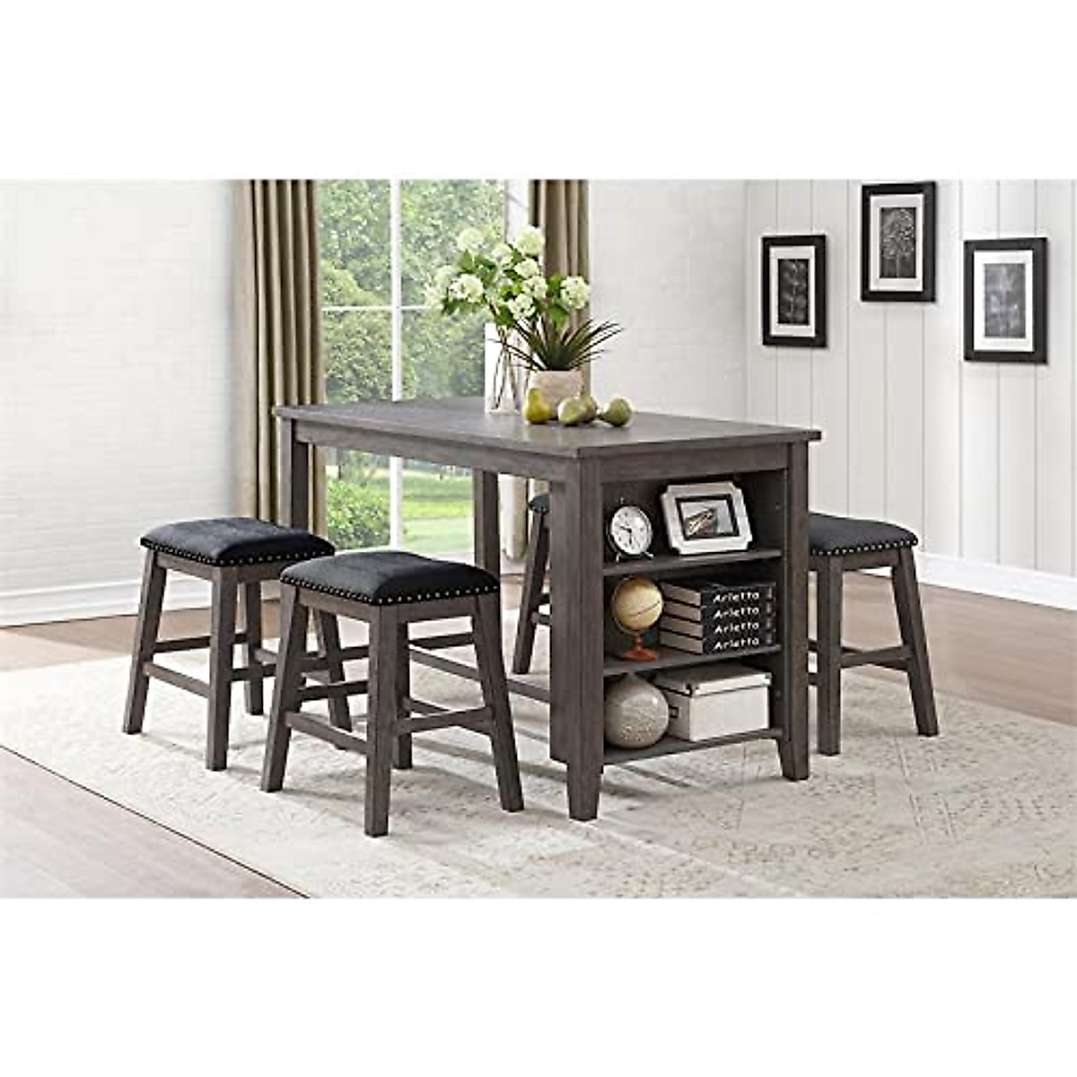 Pemberly Row Counter Height Bar Table with Storage Shelves, Rustic Pub Table for Kitchen and Dining Room, Farmhouse Dining Table in Distressed Gray (60" L x 30" W x 36" H)