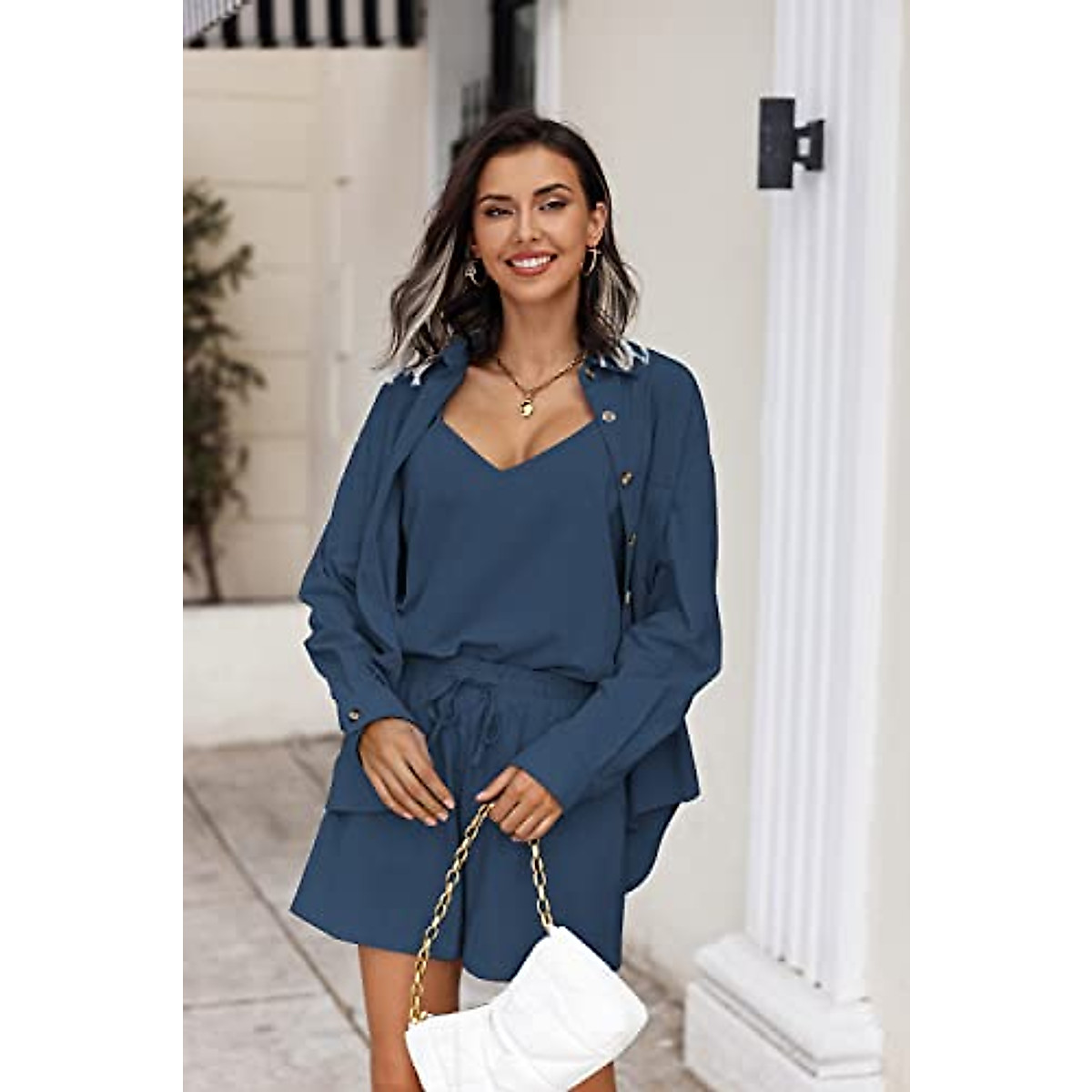 Zeagoo Womens 3 Piece Linen Set Button Down Blouse V Neck Tank Tops High Waisted Cotton Shorts Elastic Waistband