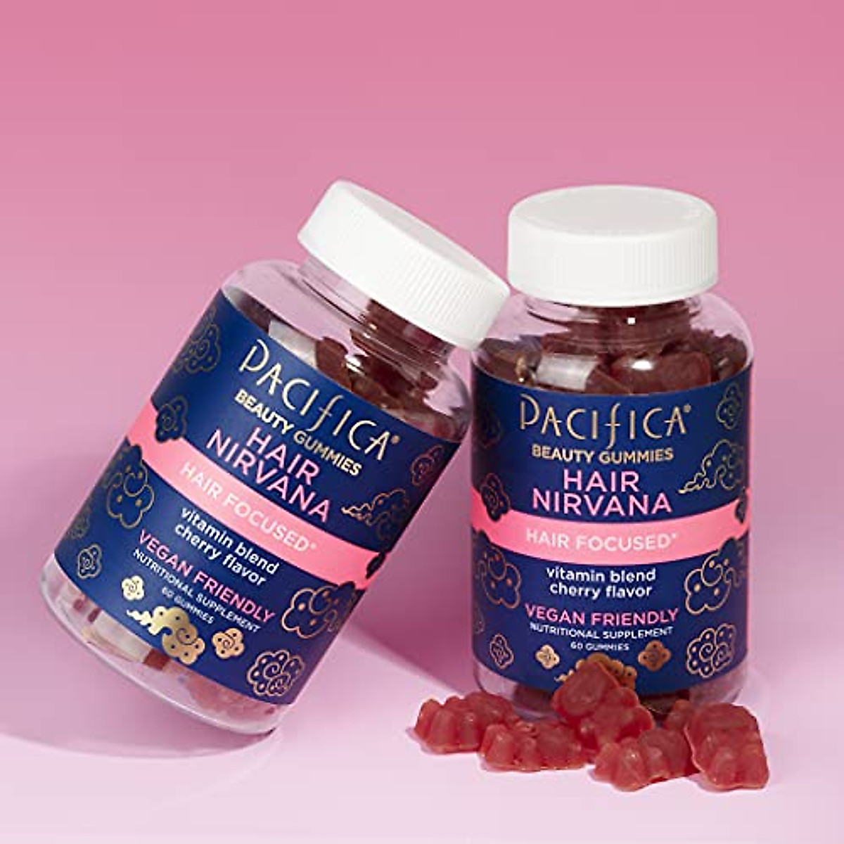 Pacifica Beauty Nirvana Gummies Supplement for Hair Support, Wheat, Soy + Gluten Free, Vitamin E, C, Biotin, Vegan & Cruelty Free, Red, Cherry, 60 Count, Pack of 2