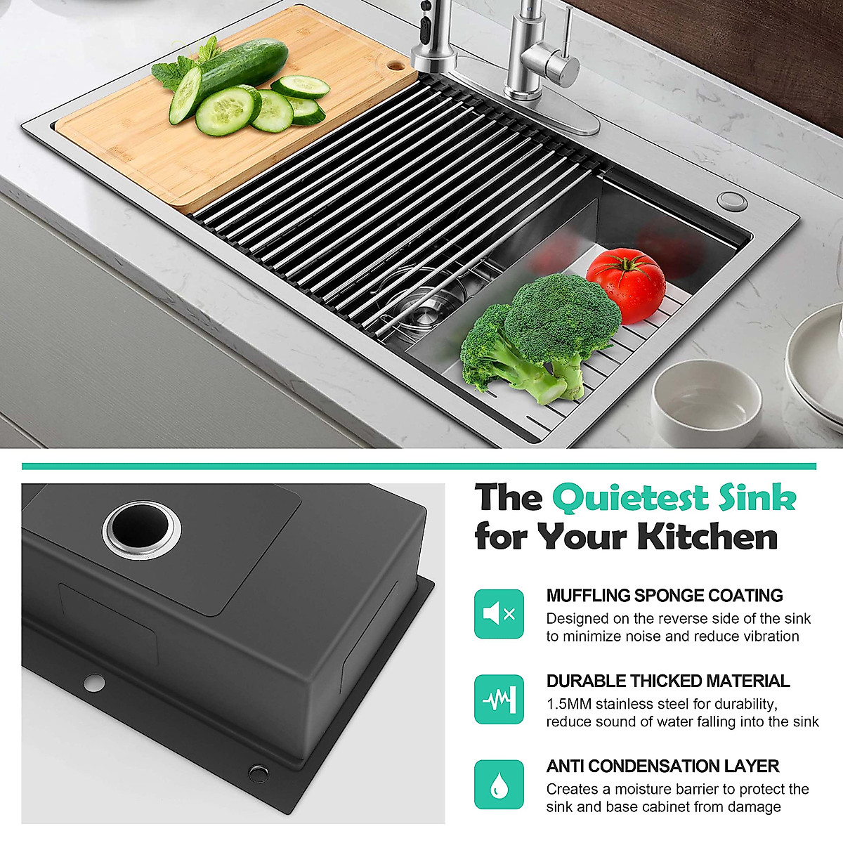 Homikit 33 x22 Inch Kitchen Sink with Soap Dispenser, 16 Gauge Stainless Steel Topmount Drop In Kitchen Sinks Single Bowl 2-Hole R10 Corner, 10" Deep Large Farmhouse Workstation Sink with Accessories