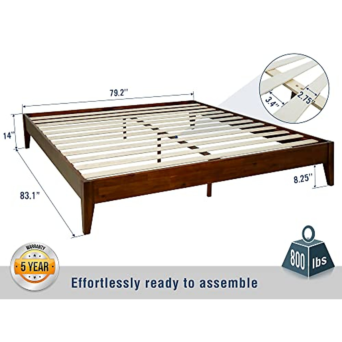Acacia Mervyn 14 Inch Wood Platform Bed Frame Without Headboard, King, Chocolate