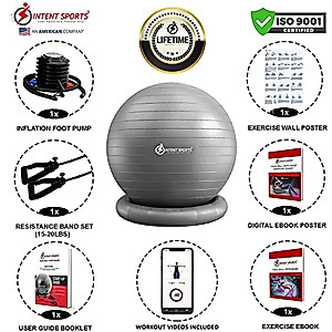 INTENT SPORTS Yoga Ball Chair – Stability Ball with Inflatable Stability Base & Resistance Bands, Fitness Ball for Home Gym, Office, Improves Back Pain, Core, Posture & Balance (65 cm) (Gray)