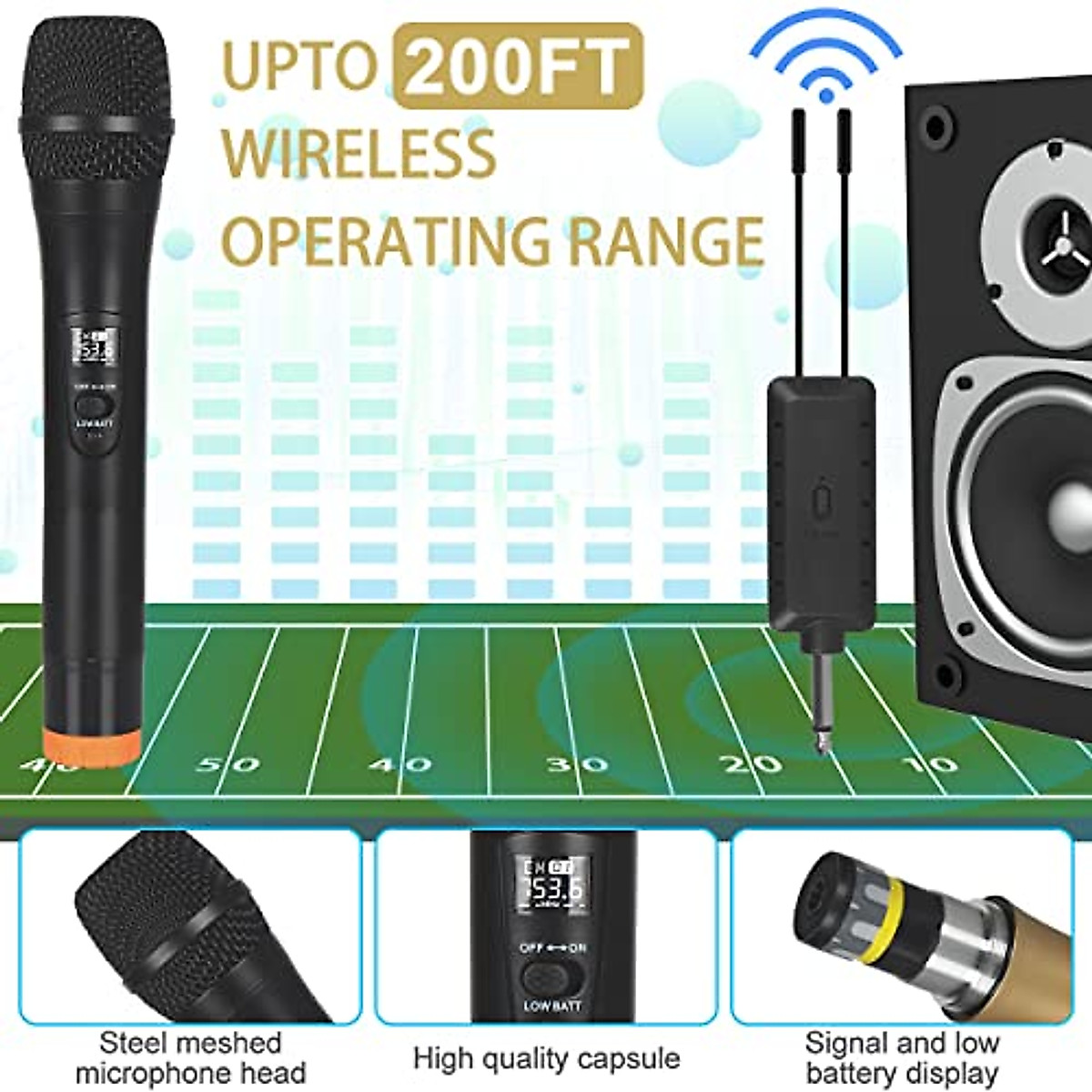 ALPOWL Wireless Microphone, UHF Dual Cordless Dynamic Mic System,Handheld Karaoke Microphone with Rechargeable Receiver(Auto Connect,200 ft Range) for Singing, Church, Speech, Wedding, Party