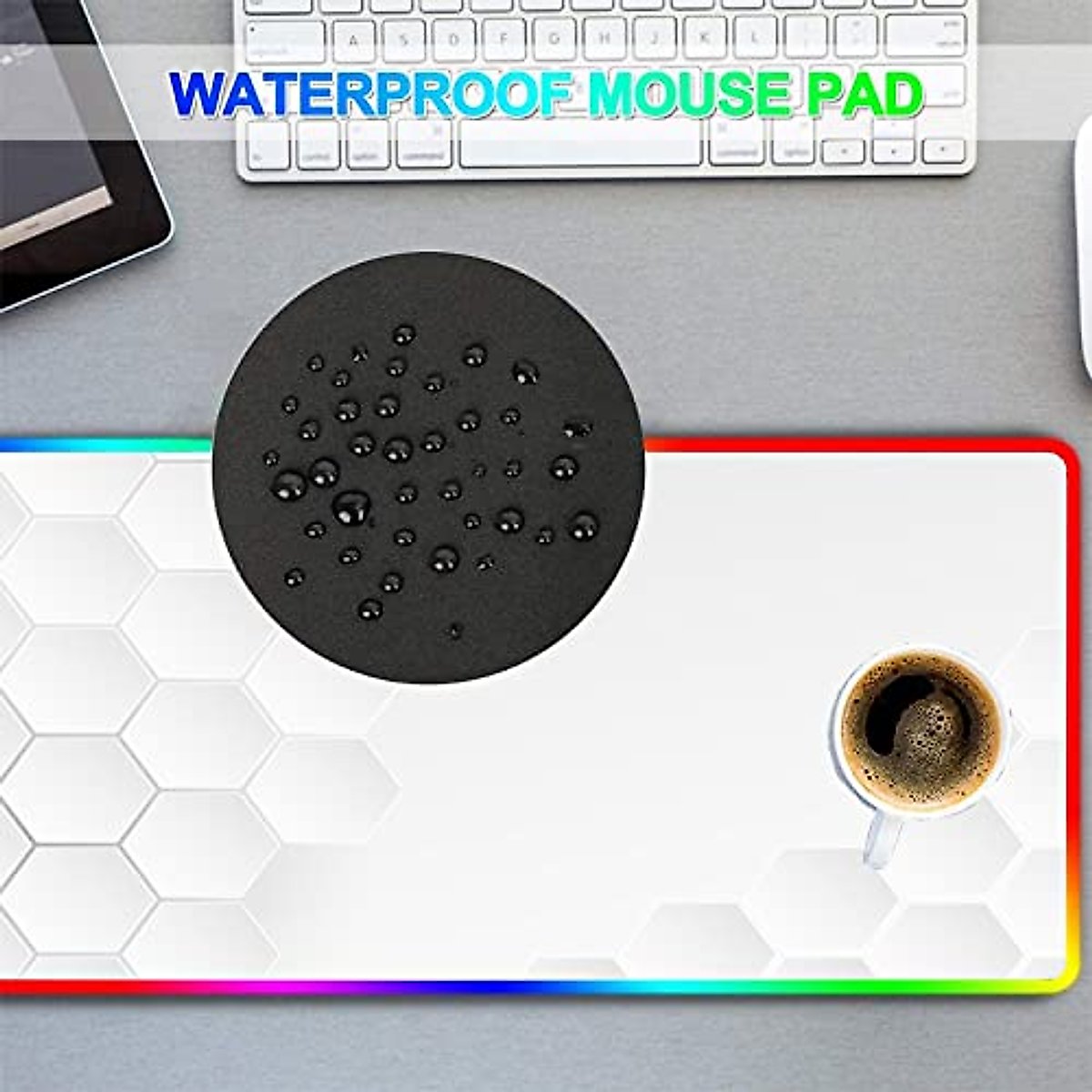 Gaming Mouse Pads Hexagon Shaped White Large RGB Mousepad XL Desk Computer Pad Gaming Accessories Extended Led Mouse Pad XXL Big Keyboard Desk Mat with Lock Edge 50X100Cm