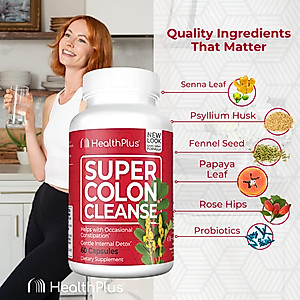 Health Plus Super Colon Cleanse 10 Day Gentle Gut Cleanse Detox, Psyllium Husk, Probiotics for Constipation Relief & Digestive Support, 60 Capsules