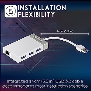TRENDnet 3-Port USB 3.0 Hub, TU3-ETGH3, Compact USB to Ethernet Adapter, 3 x USB 3.0 Ports, 1 x RJ-45 Gigabit Ethernet Port, Supports XP, Vista, Windows, Mac OS 10.6-10.9, Nintendo Switch, White