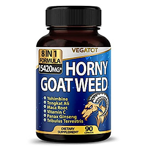 VEGATOT 8 in 1 High Strength Horny Goat Weed 15,420MG Concentrated Extract with Yohimbine Tongkat Ali Maca Root Fenugreek Boost Energy Stamina 3-Month Supply (90 Count (Pack of 1))