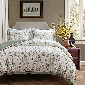 Floral Duvet Cover Queen Size - White Yellow Flowers and Green Leaf Spring Botanical Printed Microfiber Comforter Cover Set - 3PC 90X90 Soft and Lightweight Quilt Cover, Farmhouse Style for Women Men