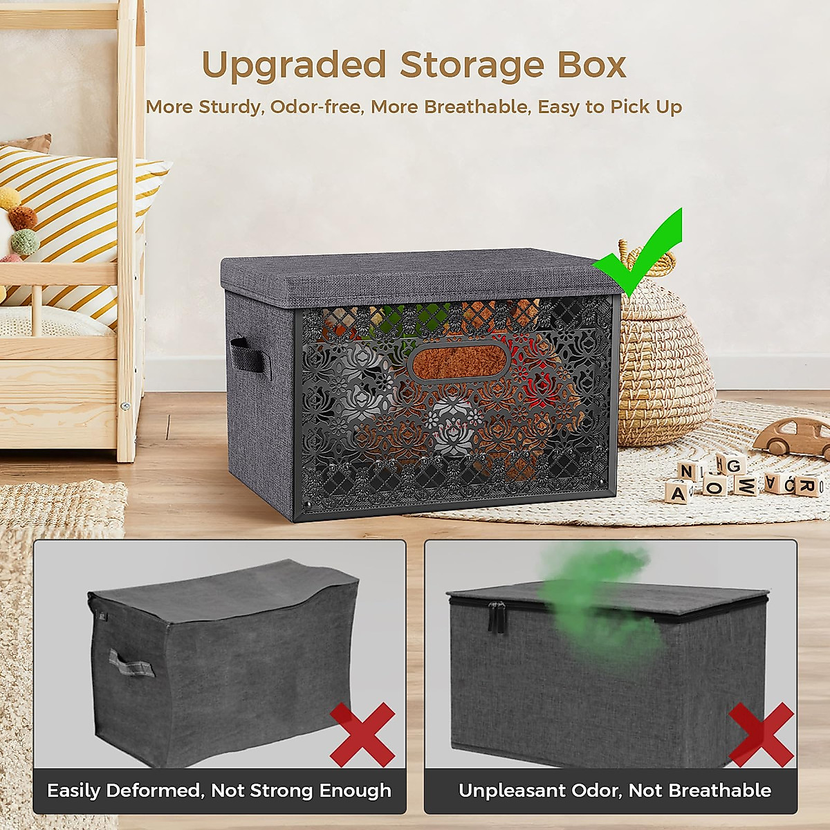 Iirios Storage Bins With Lids, 3 Pack Linen Foldable Storage Bins, Metal Clothes Storage Containers with Handles, Stackable Storage Baskets for Clothing, Blanket, Comforters, Pillows and Toys (Black)