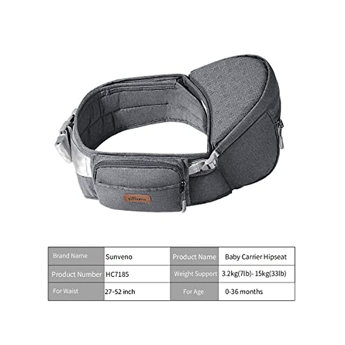 SUNVENO Baby Hipseat Carrier, Ergonomic Hip Seat Safety Infant Carrier for Mom Lightweight Certified Cotton Soft Carriers for Newborns, Toddlers, Grey