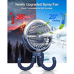 Portable Misting Fan, 6000mAh Stroller Fan with Light & 360° Pivoting Battery Operated Fan, USB Rechargeable Personal Mist Fan with Flexible Tripod for Baby, Office, Travel,Crib,Treadmill,Outdoors