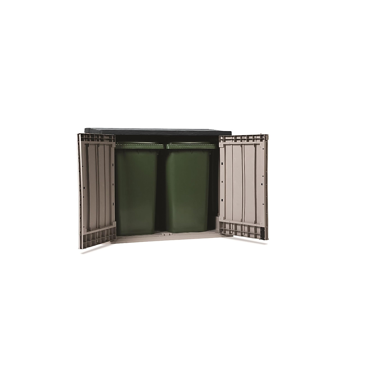 Toomax Stora Way All Weather Outdoor XL Horizontal Storage Shed Cabinet for Trash Can, Garden Tools, and Yard Equipment, Taupe Gray and Anthracite