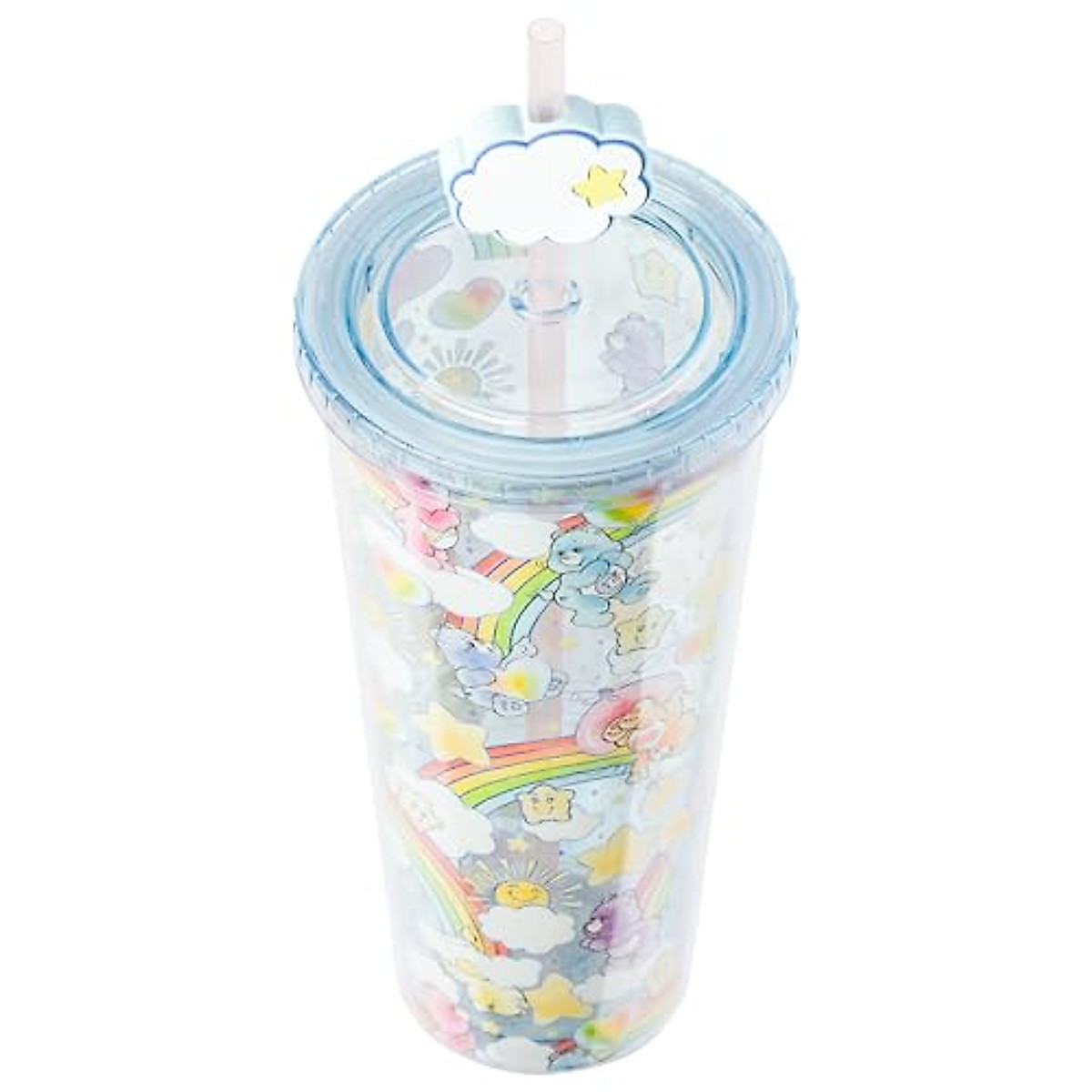 Silver Buffalo Care Bears Rainbow Hearts Stars Featuring Cheer Bear, Bedtime Bear, Funshine Bear, and Share Bear Watercolor Plastic Cold Cup with Lid and Straw Topper, 24 Ounces