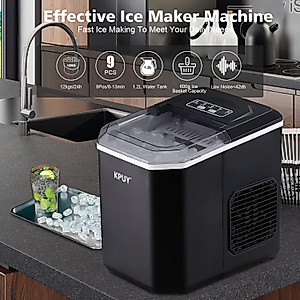 KPUY Ice Maker Machine Countertop Ice Machine for Home, Self-Cleaning Ice Maker, 9 Cubes Ready in 6-13 Mins, 12KGs in 24Hrs Portable Ice Cube Maker Machine for Home/Kitchen/Office/Bar
