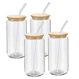 YOUKE OLA 20 Pack Glass Cups with Bamboo Lids and Glass Straw 16oz Beer Can Shaped Drinking Glasses Cups, Glass Tumbler Reusable Cute Cups for Whiskey, Iced Coffee, Tea, Soda, Cocktail, Gift, Clear