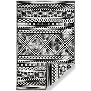 Beverly Rug Aztec Outdoor Rugs 8x10 Waterproof Boho Reversible Plastic Straw Rug Bohemian Outdoor Carpet, Outside Mat for Patio, Camping, Picnic, Porch, Deck, RV, Beach, Pool, Black and White, Texas