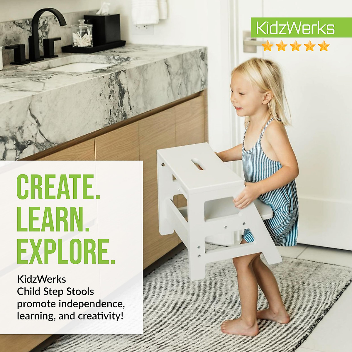 KidzWerks Kids Step Stool for Toddlers Bathroom Kitchen Potty Wooden Children’s Stepping Standing 2-Step Ladder, Grey