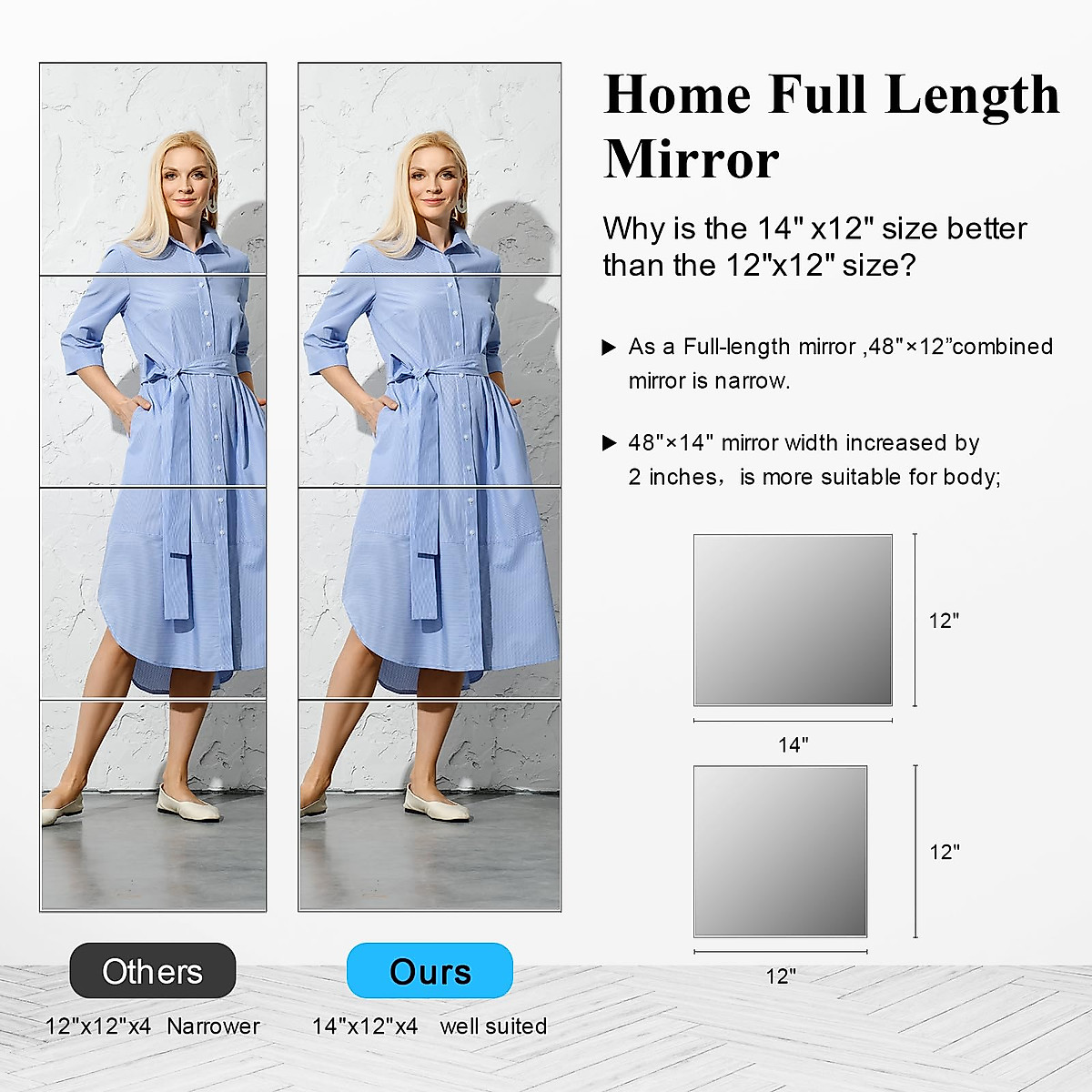 POASAS Mirror Full Length, 14x12 Inchx8PCS Wall Mirror Tiles,Full Body Mirror,Acrylic Shatterproof Mirrors for Bedroom,Door,Home Gym,Kids