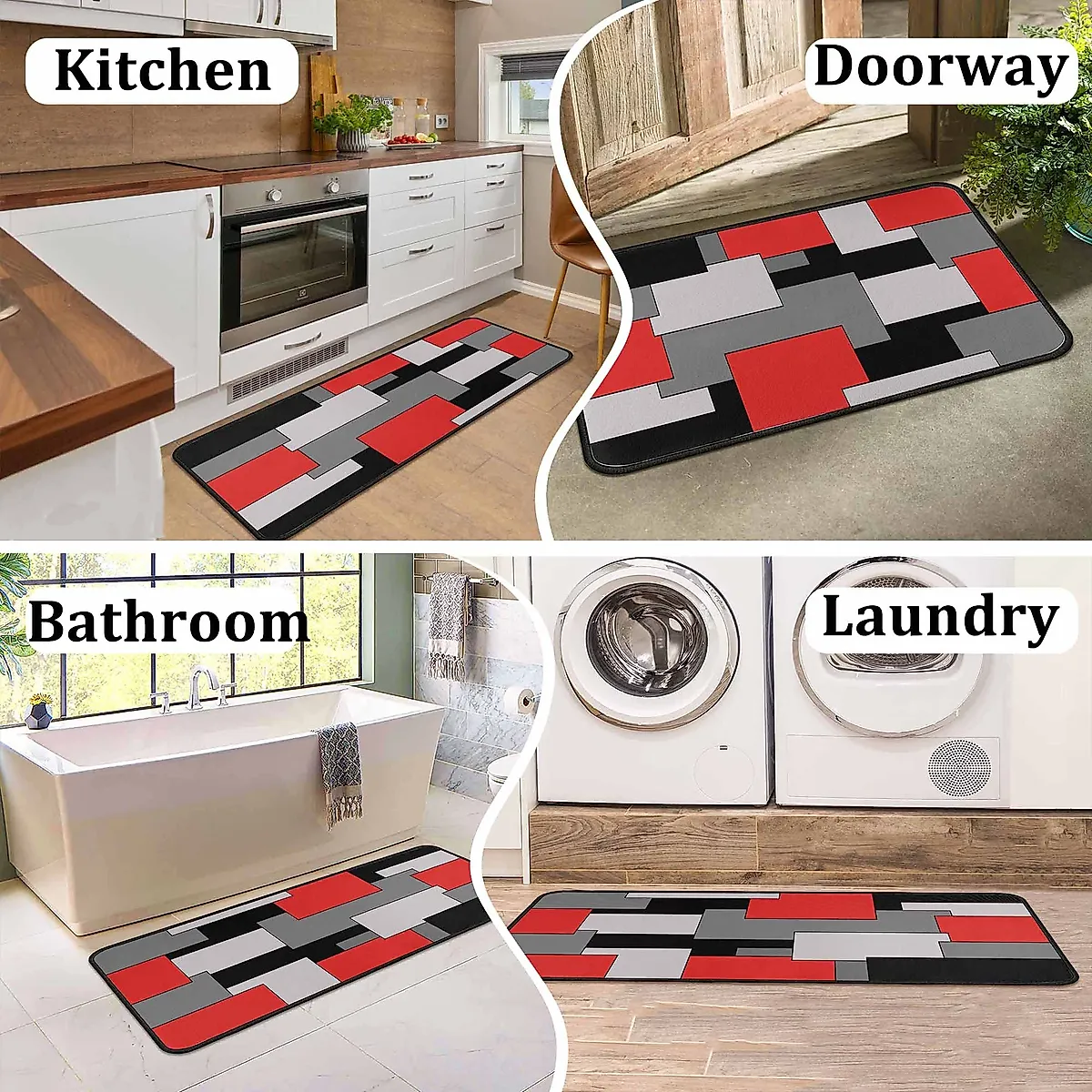 Kitchen Rugs Set of 2- Red, Black, and Grey Modern Geometric Non-Slip Washable Floor Mats - Comfort Sink and Laundry Room Runner - Contemporary Abstract Art Design Decor 17x47.2 and 17x30 inches