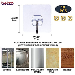 belzo Adhesive Wall Hook, Transparent Non-Marking Sticker for Hanging,10 Pack, Heavy Duty 22 Ibs, Waterproof, Oilproof for Kitchen, Washroom, Living Room, Office
