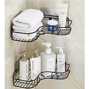 LAMEF 2 Packs Shower Corner Shelf with Soap Holder, Bathroom Shower Organizer with Toothpaste Dispenser and Toothbrush Set Holder, Shower Corner Caddy with Adhesive Hooks for Bathroom Storage