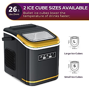R.W.FLAME Countertop Ice Maker 9 Bullet Ice Cubes in 6 Mins, 26.5lbs/24Hrs, Ice Maker Machine with Self-Cleaning, Basket and Scoop for Home Office Kitchen Bar Party, Black