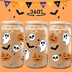 WECACYD Halloween Pumpkin Ghost Skull Cups - 16 oz Pumpkins Fall Cup Mug, Tumbler Glass Cups with Lids Straws, Spooky Cups for Iced Coffee, Goth Spooky Gifts for Her, Halloween Gifts for Women