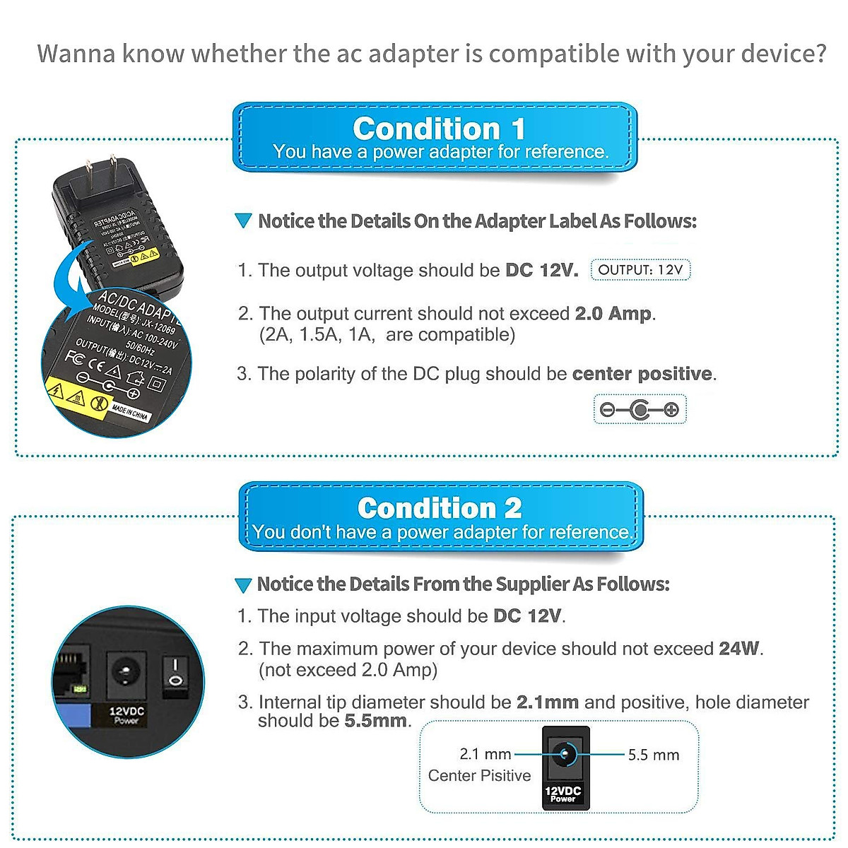 AC Adapter, YIFENG 12V / 2A AC DC Switching Power Supply Adapter(Input 100-240V, Output 12V 2A) with DC Connector Gift