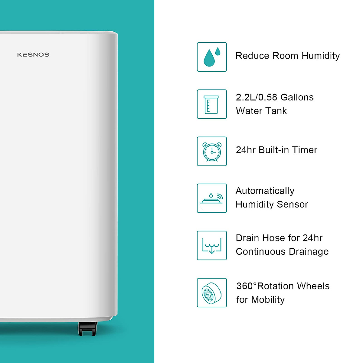 Kesnos 2500 Sq. Ft Dehumidifier for Home with Drain Hose and 0.6 Gallon Water Tank - Intelligent Touch Control and Low Noise, 24 Hr Timer Ideal for Basements, Bedrooms, Bathrooms, and Laundry Rooms