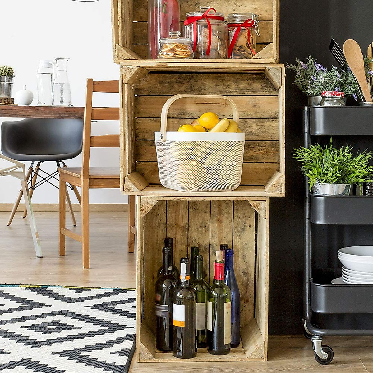 EZOWare Set of 3 Metal Mesh Steel Baskets with Wood Handle, Fruit Vegetable Wire Storage Organizer Bins for Kitchen Bathroom Pantry Organization, Garden, Picnic - White