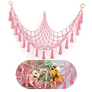 Tinabless Stuffed Animal Net or Hammock, Hanging Corner Pet Net for Stuffed Animals Toy Storage, Stuffed Animal Hammock Holder with Hooks for Bedroom Nursery Crib Kindergarten Wall Decor(Pink)
