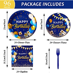 gisgfim 96 Pcs Blue and Gold Birthday Plates and Napkins Party Supplies Navy Blue Party Tableware Set Happy Birthday Decorations Favors for Men Women Birthday Baby Shower for 24 Guests