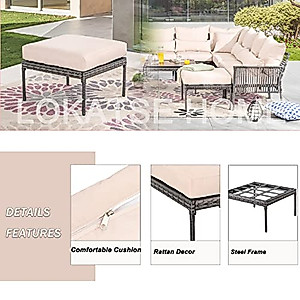 LOKATSE HOME Patio Footstool Outdoor Ottoman with Soft Thick Cushion for Garden Yard Deck Sunroom, Beige