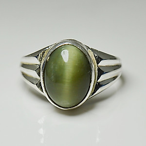 Gemsonclick Handmade Ring Sterling Silver Natural Cats Eye Oval Shape Green Color Chakra Healing Bithstone Rings Bezel Setting in Size 9 for Women, Girls and Ladies