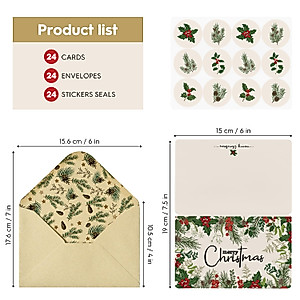 Artoid Mode 24 Pack Merry Christmas Thank You Cards Plant Holly Greeting Cards Gift With Envelope Sticker Blank Note Cards for Birthday Wedding Baby Shower Bridal Shower, 4 x 6 Inch