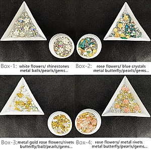 4 Boxes 3D Rose Flower Butterfly Nail Charms Acrylic Resin 3D Crystal Rhinestones Gems Charms Nail Art Stud Pearl Gold Metal Rivets for Nail Art Designs Accessories Supplies DIY Crafting