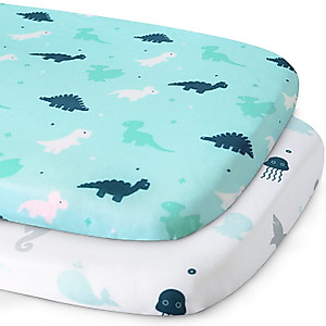 Bassinet Sheet, Bassinet Sheets 2 Pack, Ultra Soft Bassinet Sheets for Baby Boys or Girls Universal Fit for Rectangle, Oval, Hourglass Bassinet Pad/Mattress, Dinosaurs & Ocean