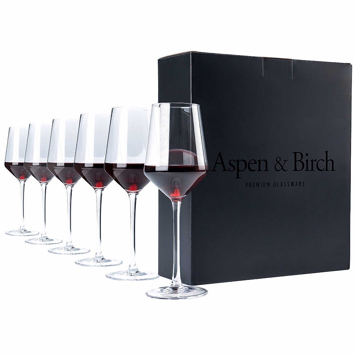 Aspen & Birch - Classic Wine Glasses Set of 6 - Red Wine Glasses or White Wine Glasses, Premium Crystal Stemware, Long Stem Wine Glasses Set, Clear, 15 oz, Hand Blown Glass Crafted by Artisans